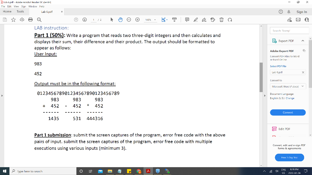 Solved Lab.pdf - Adobe Acrobat Reader XC 64. Fle Edit View | Chegg.com