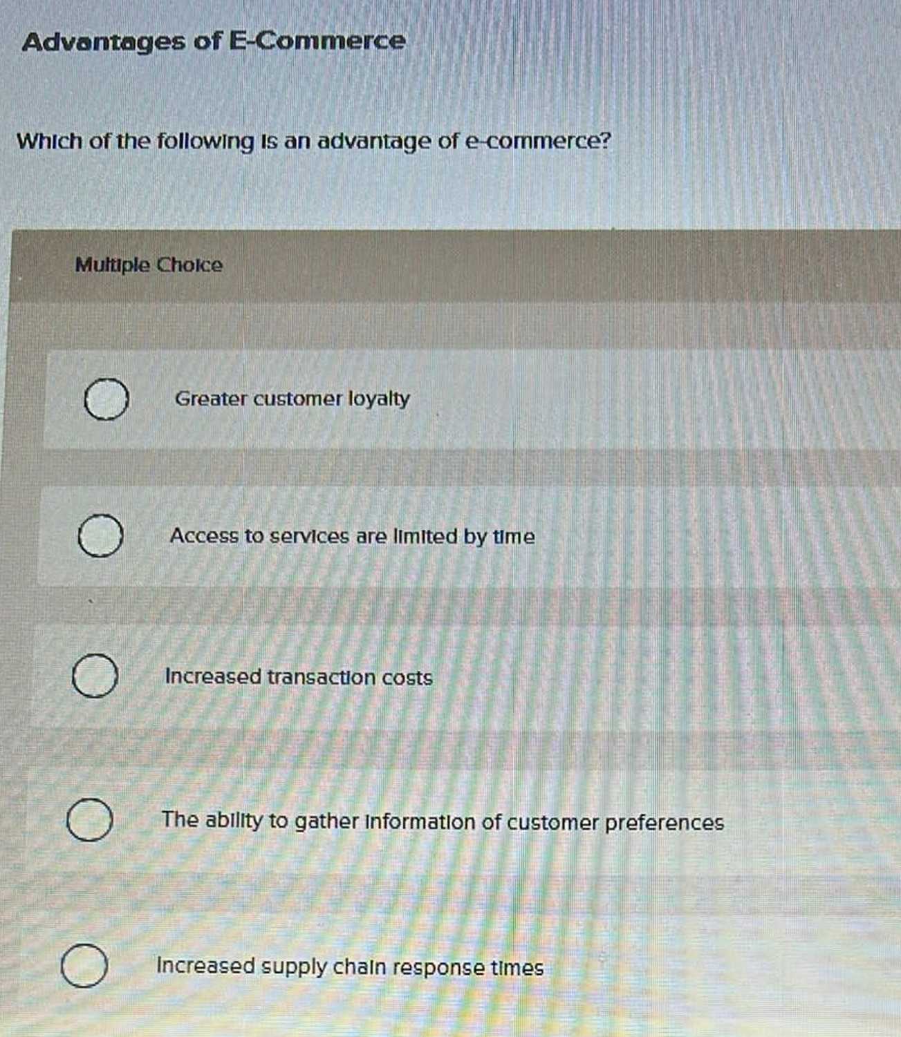 Solved Advantages of E-CommerceWhich of the following is an | Chegg.com
