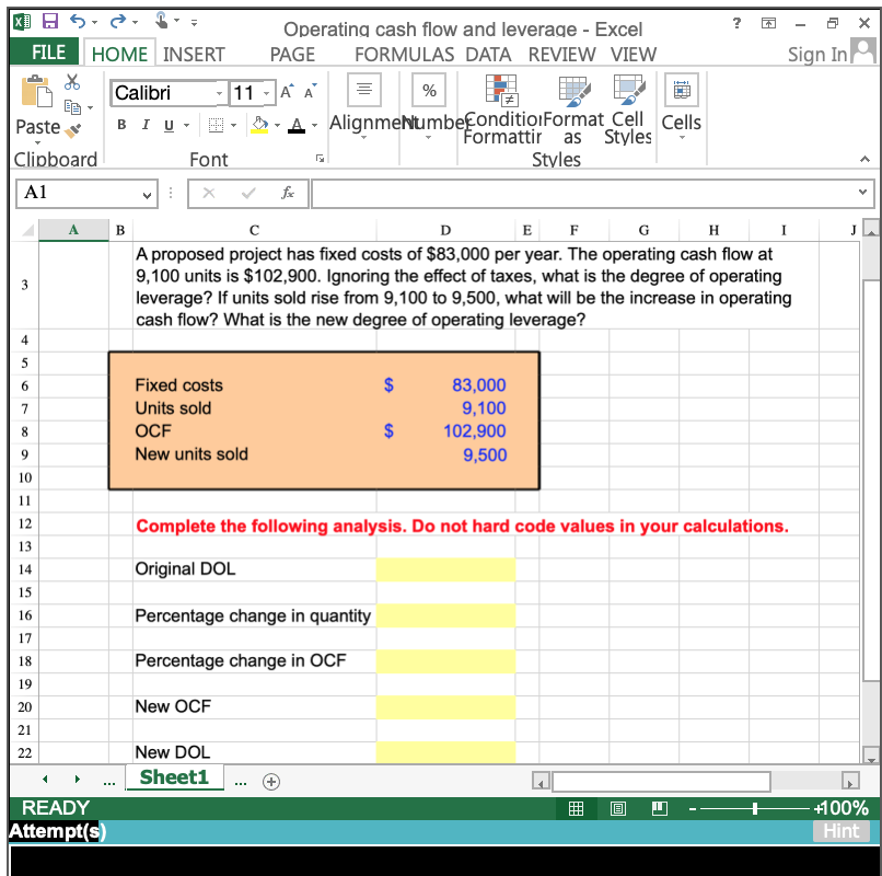 Operating cash flow and leverage Excel FILE HOME | Chegg.com