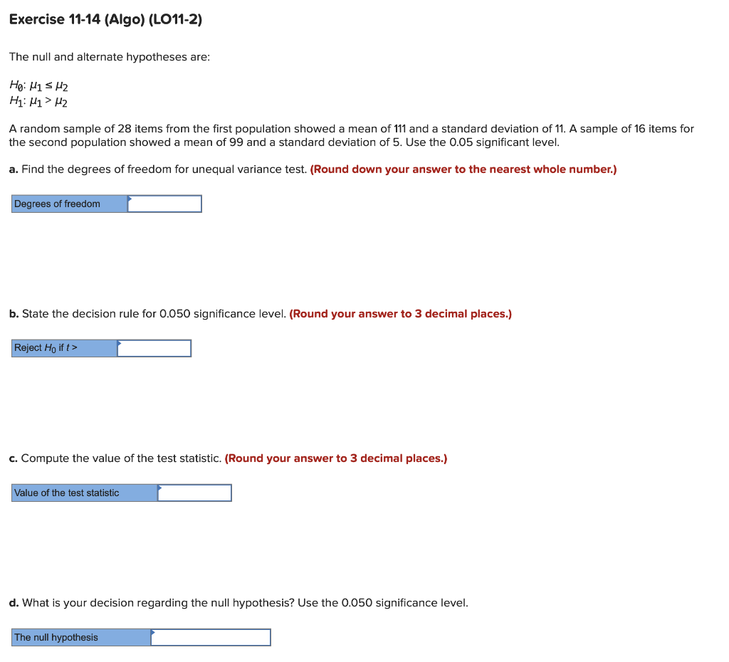 Solved Exercise 11-14 (Algo) (LO11-2) The null and alternate | Chegg.com