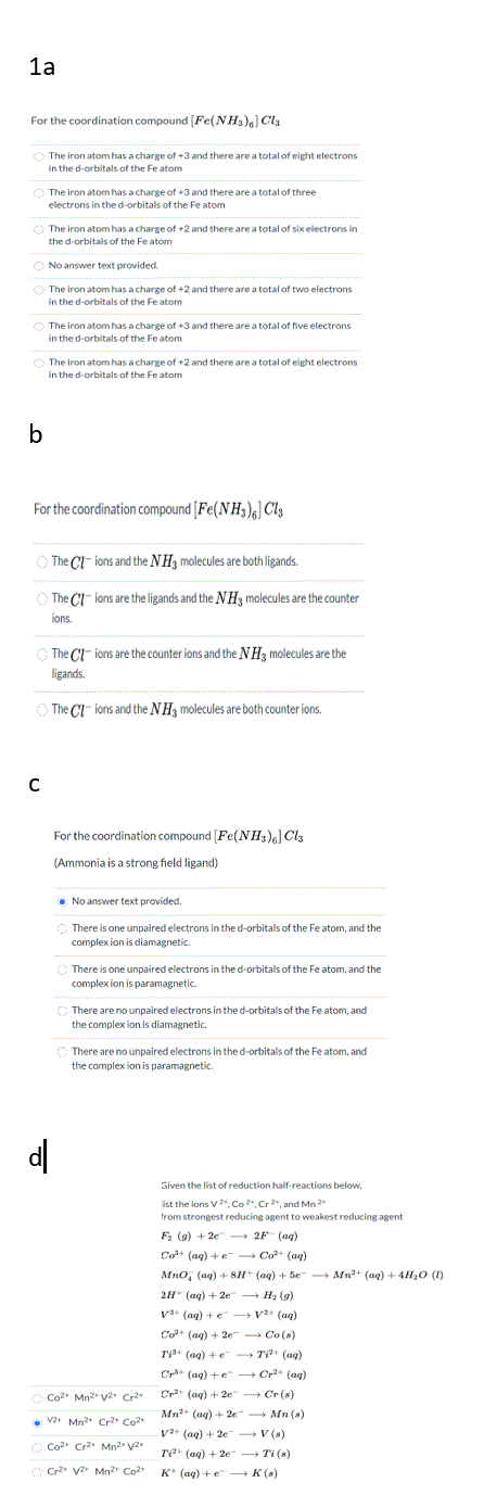 Solved 1a For the coordination compound [Fe(NH3). Cls The | Chegg.com