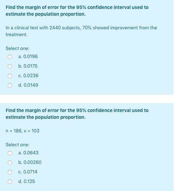 Solved Find the margin of error for the 95% confidence | Chegg.com