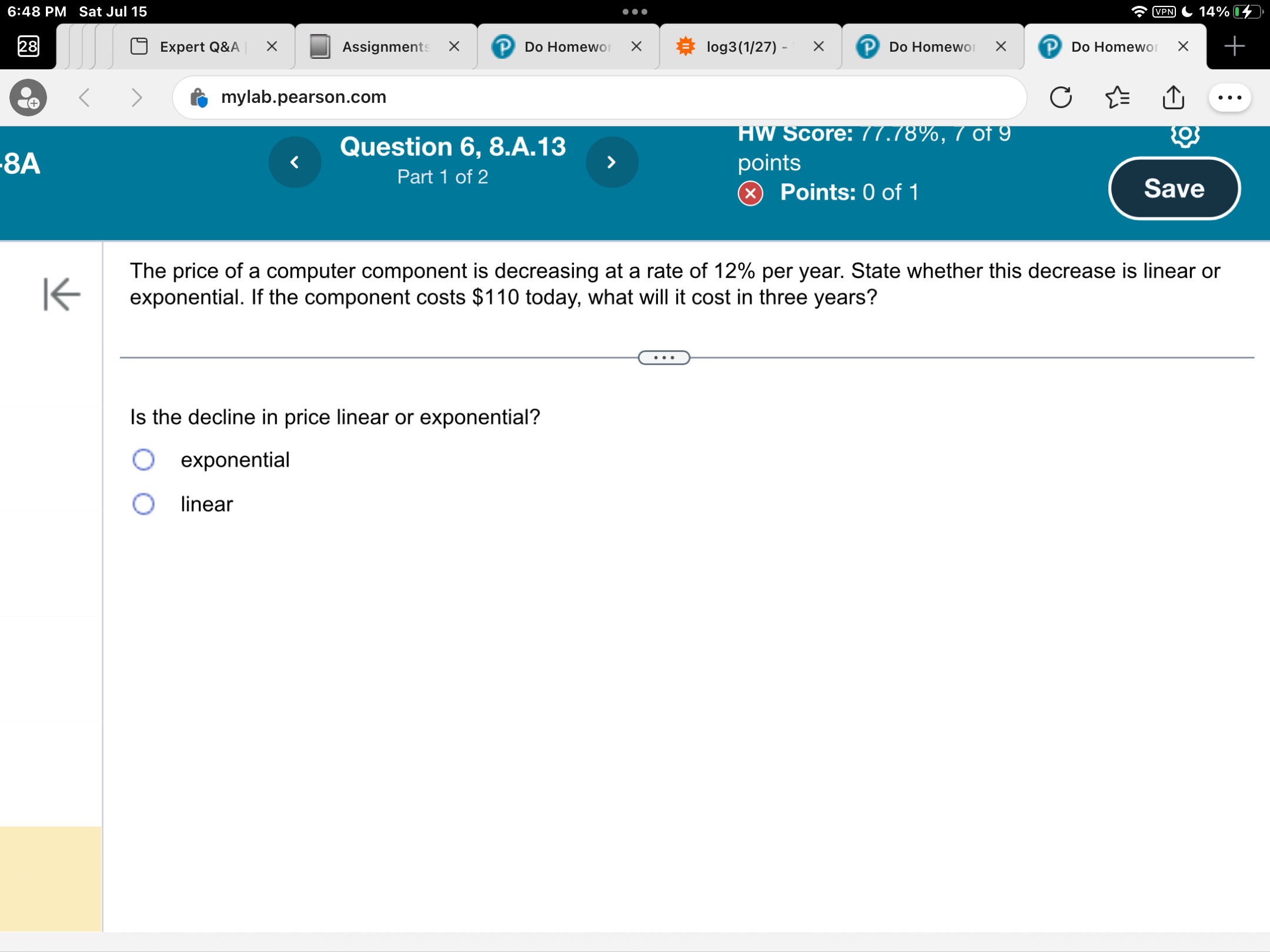 The price of a computer component is decreasing at a | Chegg.com
