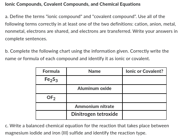 Solved Ionic Compounds, Covalent Compounds, and Chemical | Chegg.com