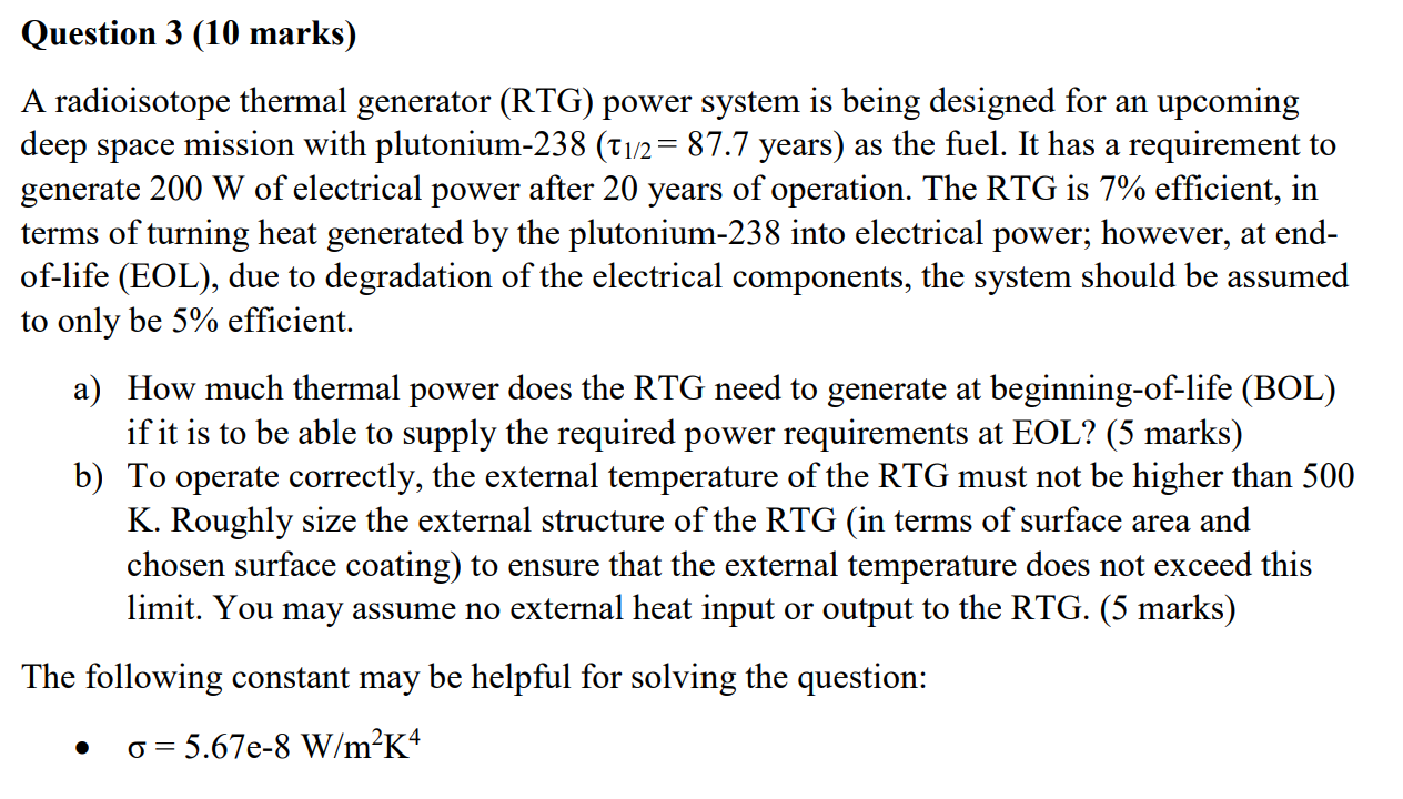 Question 3 (10 marks) A radioisotope thermal | Chegg.com