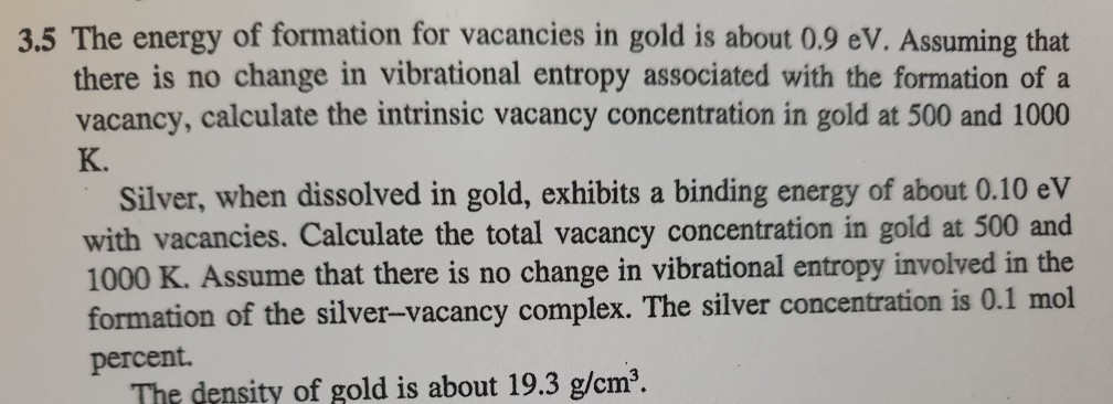 Solved 3.5 The energy of formation for vacancies in gold is | Chegg.com