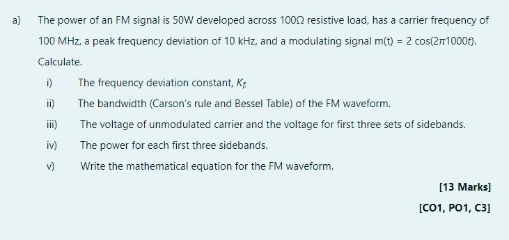 Solved a) The power of an FM signal is 50 W developed across | Chegg.com