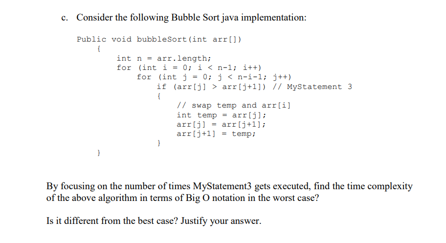 Solved c. Consider the following Bubble Sort java | Chegg.com