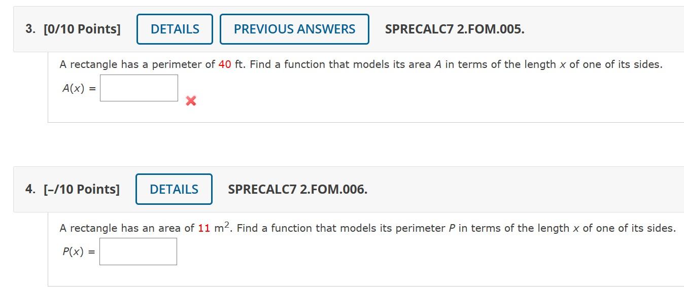 Solved A rectangle has a perimeter of 40ft. Find a function | Chegg.com
