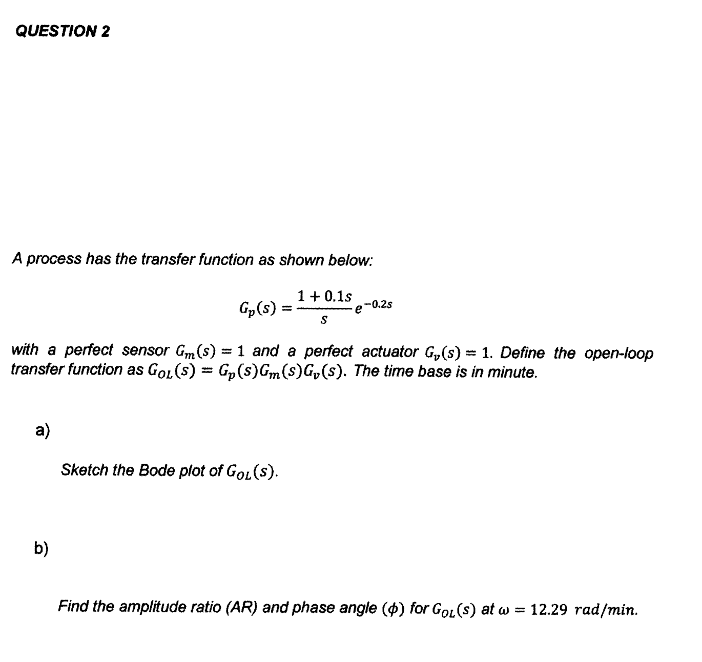 Solved A process has the transfer function as shown below: | Chegg.com