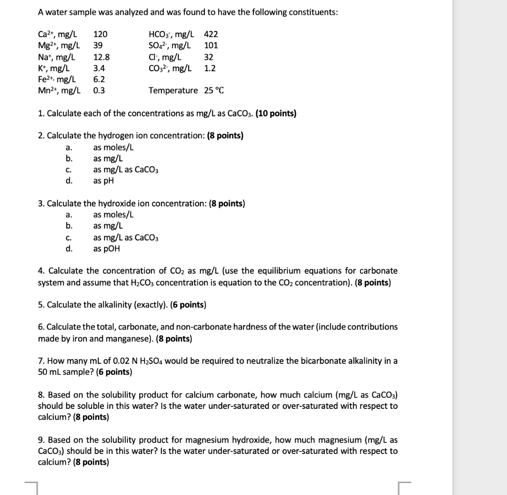 Solved A water sample was analyzed and was found to have the | Chegg.com