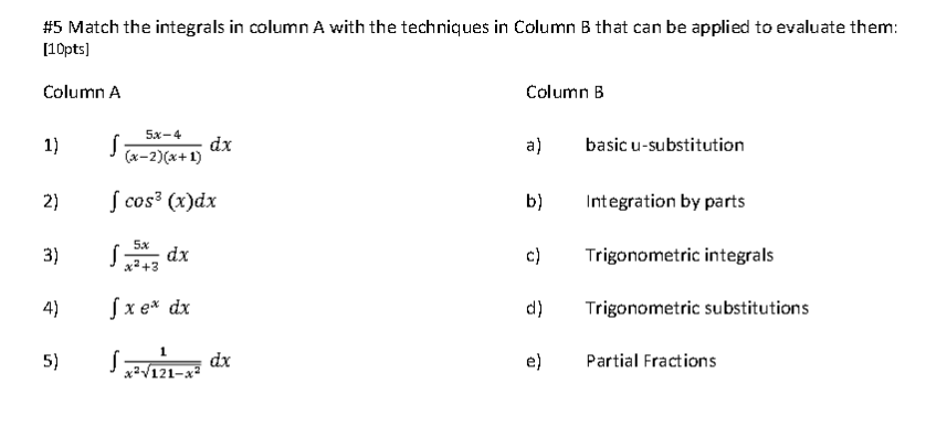 Solved #5 Match the integrals in column A with the | Chegg.com