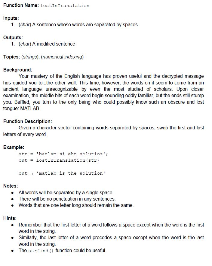 Solved Function Name: lostInTranslation Inputs: 1. (char) A | Chegg.com