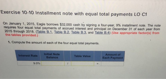 Solved Exercise 10-10 installment note with equal total | Chegg.com