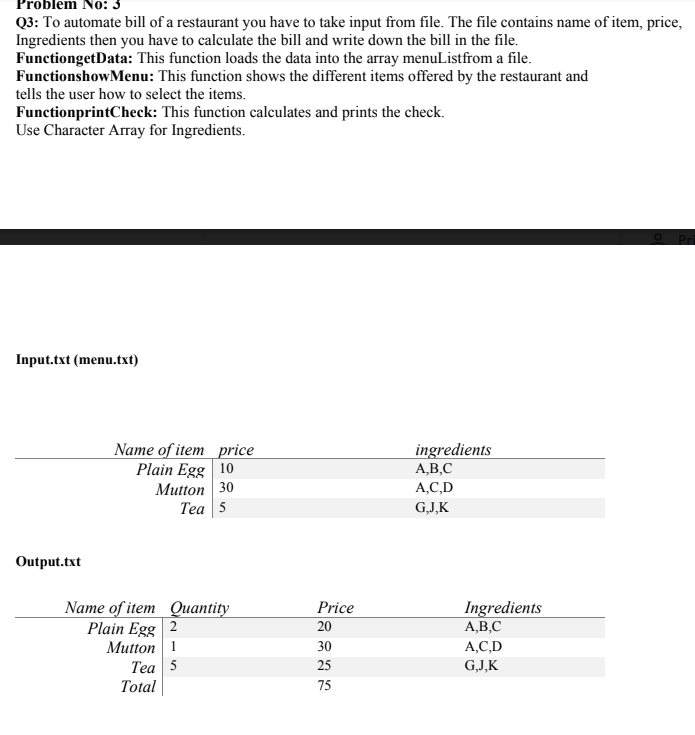 Problem No: 3 Q3: To automate bill of a restaurant | Chegg.com