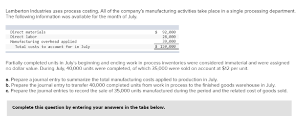 Solved Lamberton Industries uses process costing. All of the | Chegg.com