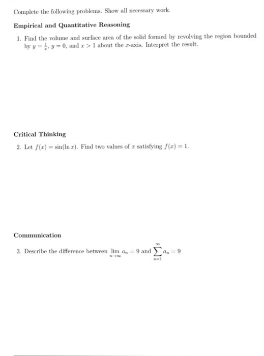 Solved Complete the following problems. Show all necessary | Chegg.com