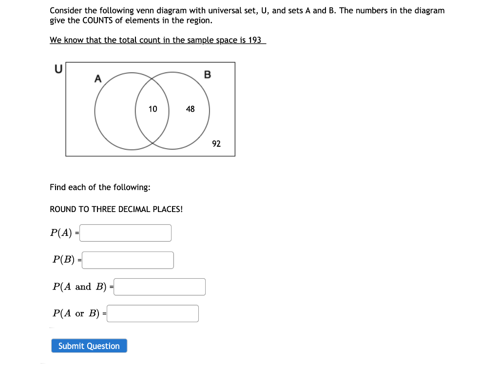 Solved Consider the following venn diagram with universal | Chegg.com
