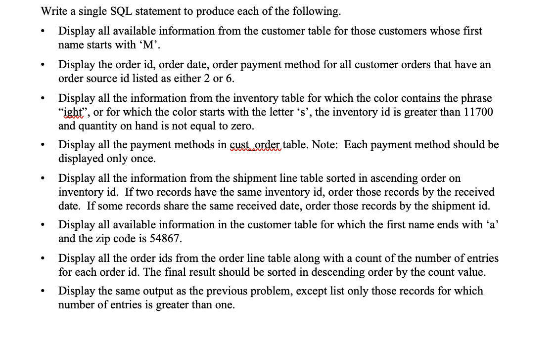 Solved . . Write a single SQL statement to produce each of | Chegg.com