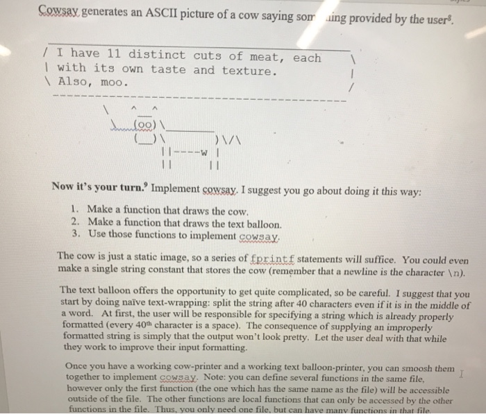 Solved Cowsay generates an ASCII picture of a cow saying som | Chegg.com