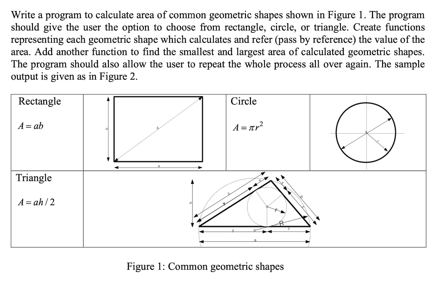 Solved Write a program to calculate area of common geometric | Chegg.com