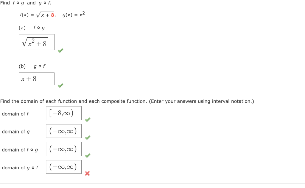Solved Find fog and gof. f(x) = x+8, g(x) = x2 (a) fog Vx2 + | Chegg.com