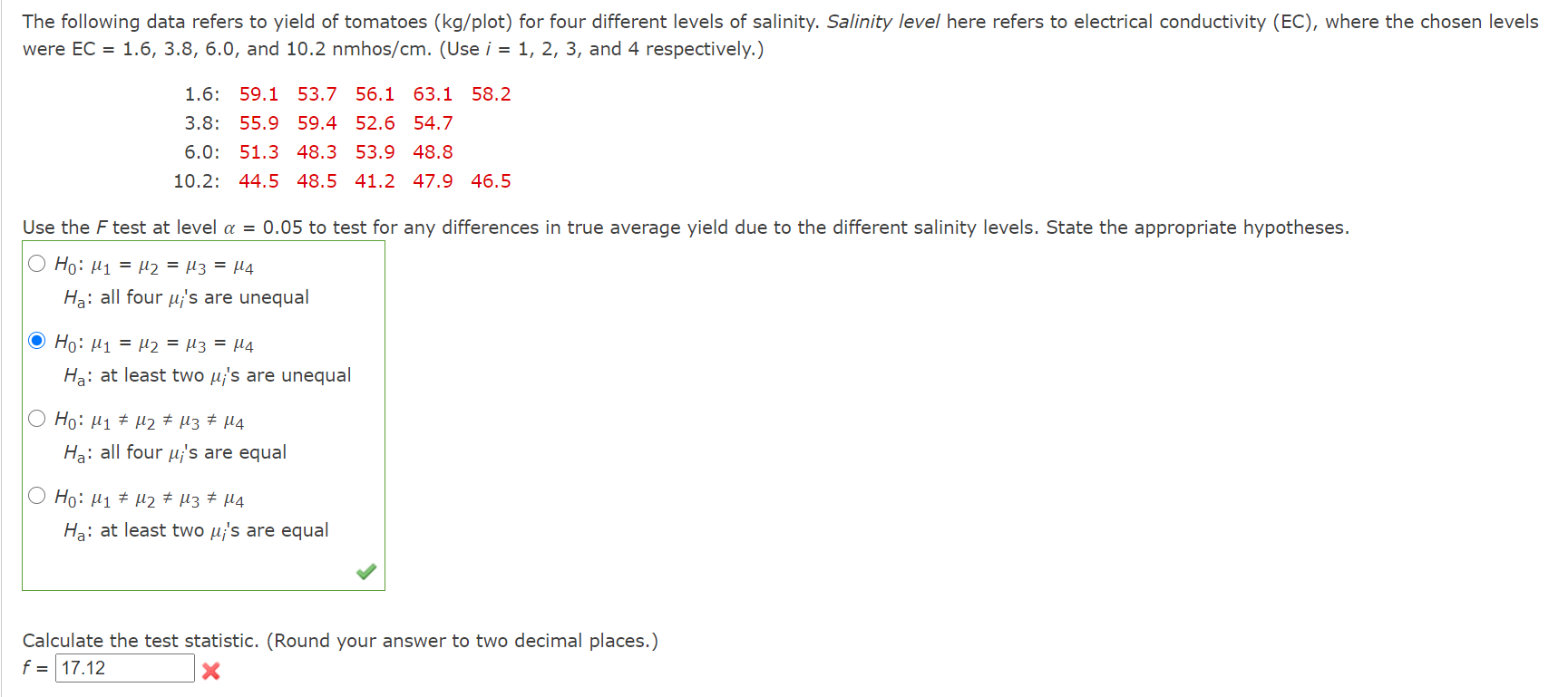 Solved The following data refers to yield of tomatoes | Chegg.com
