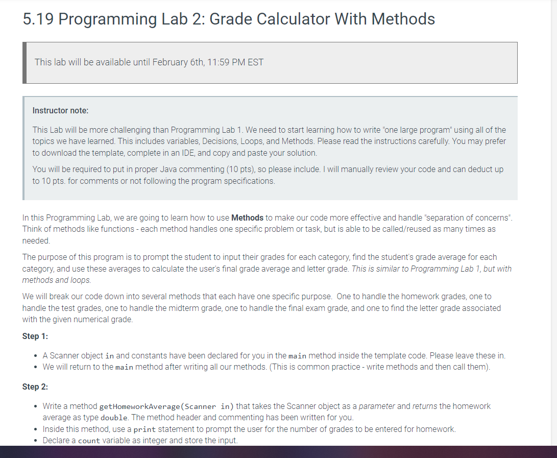 Solved 5.19 Programming Lab 2: Grade Calculator With Methods | Chegg.com
