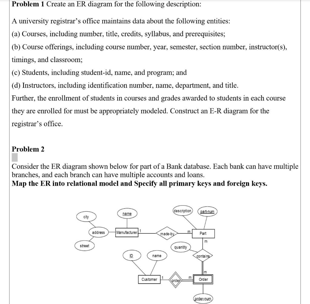 Solved Problem 1 Create an ER diagram for the following | Chegg.com