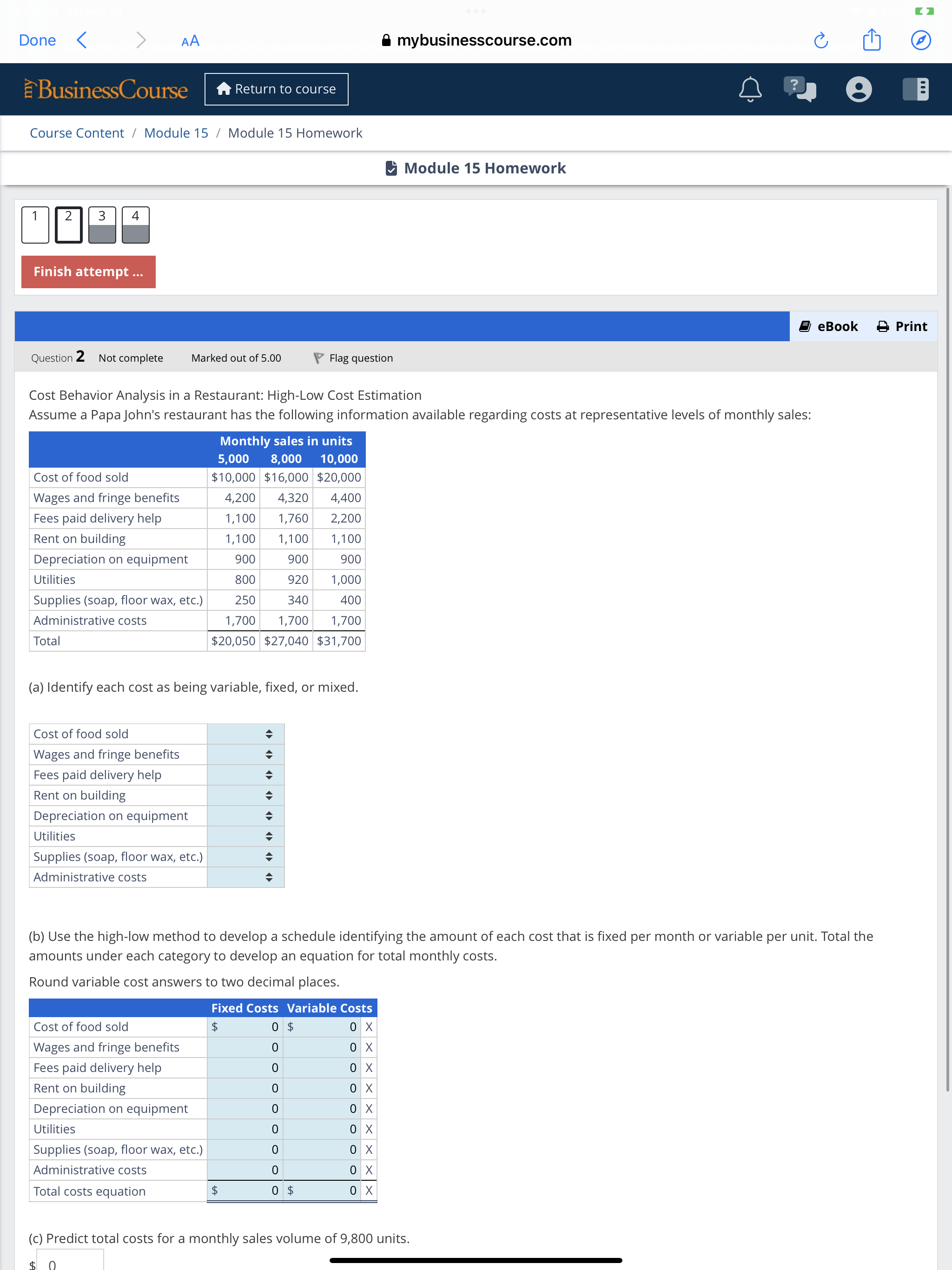 Solved Cost Behavior Analysis in a Restaurant: High-Low Cost | Chegg.com