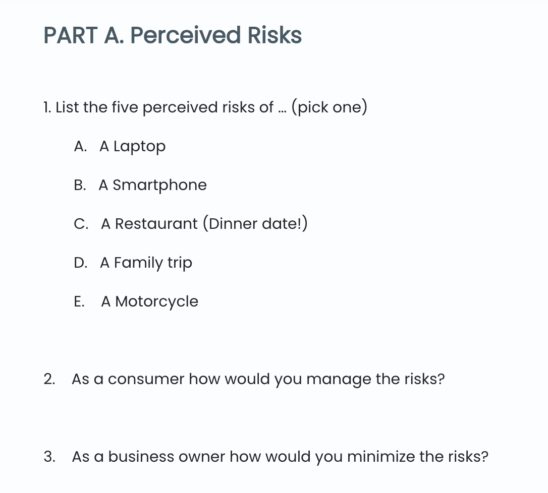 Solved PART A. Perceived Risks 1. List the five perceived | Chegg.com