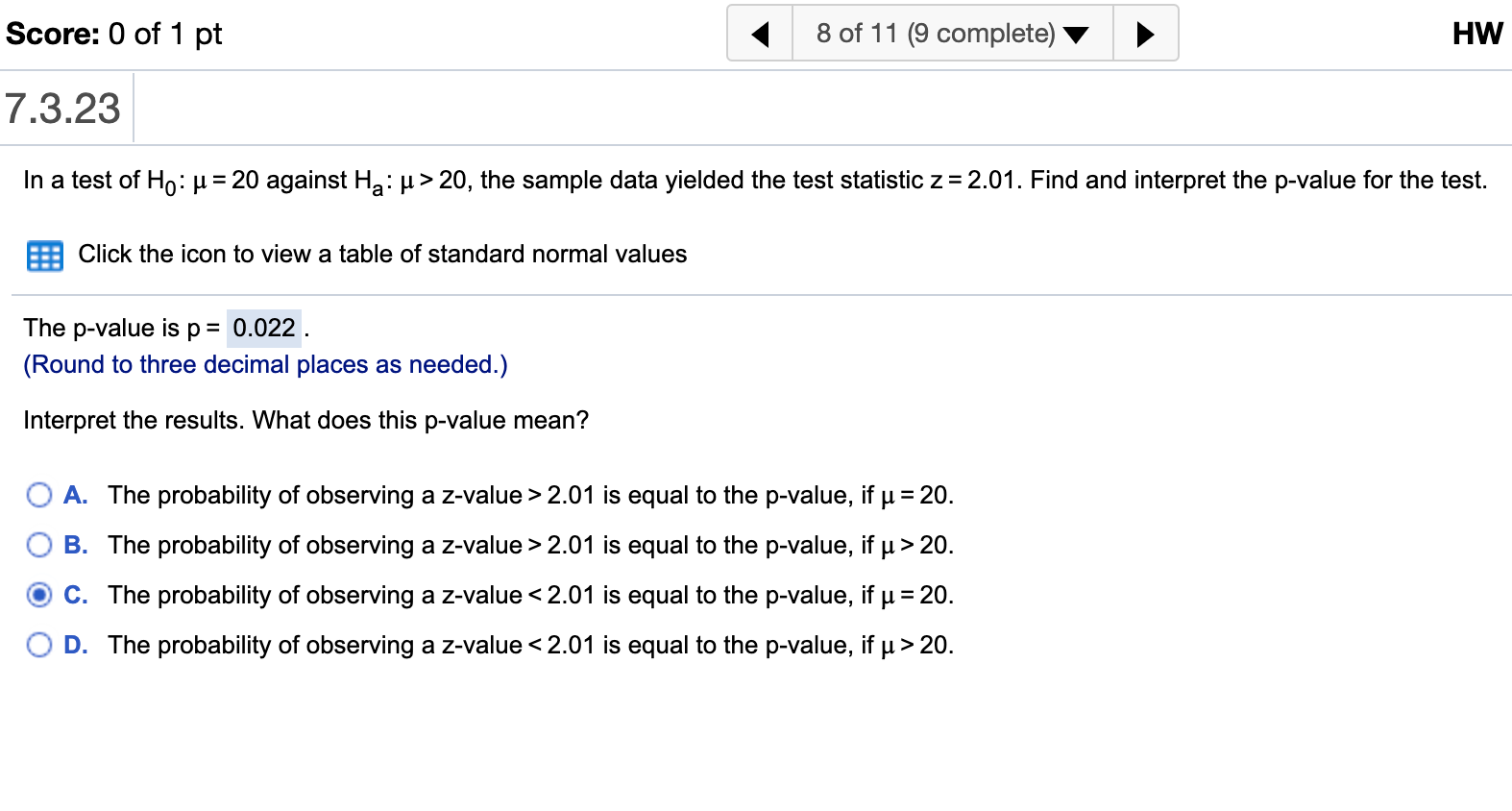Solved Score: 0 of 1 pt 8 of 11 (9 complete) HW 7.3.23 In a | Chegg.com