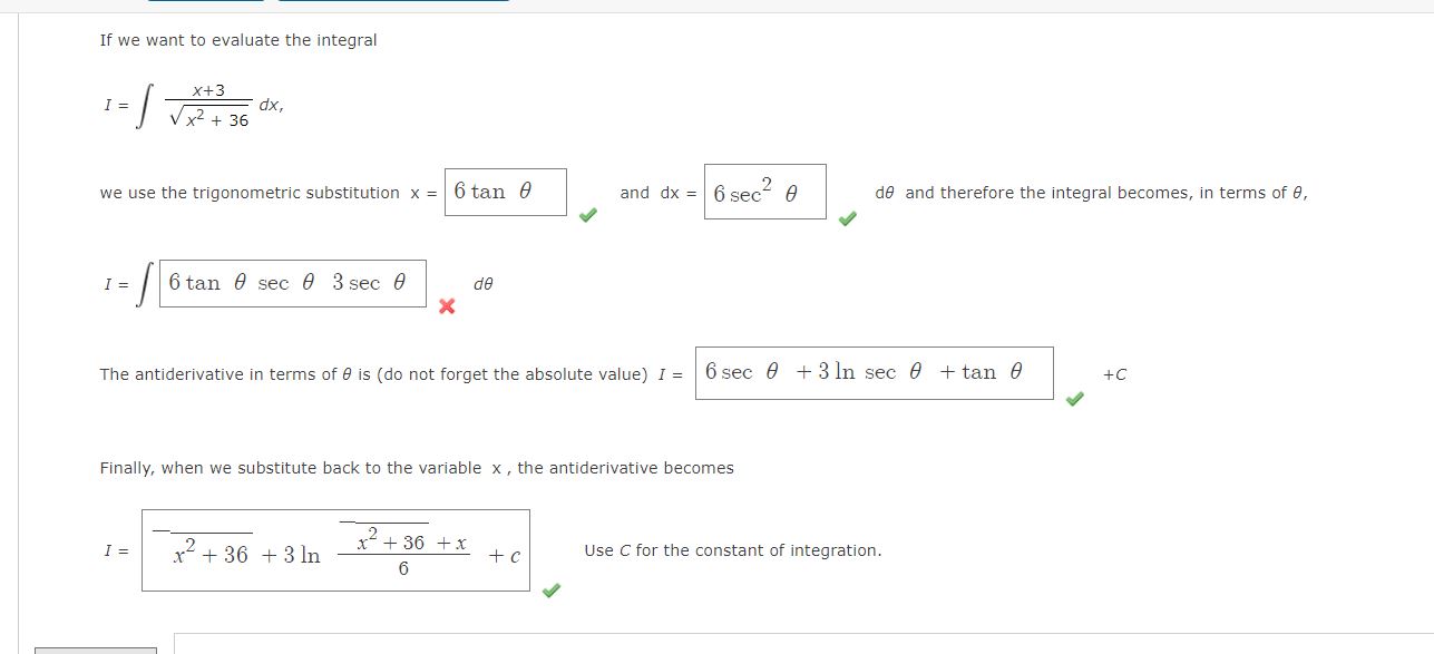 Solved If we want to evaluate the integral I=∫x2+36x+3dx we | Chegg.com