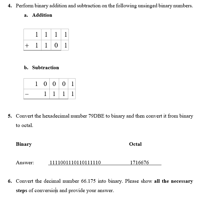 Solved 4. Perform binary addition and subtraction on the | Chegg.com