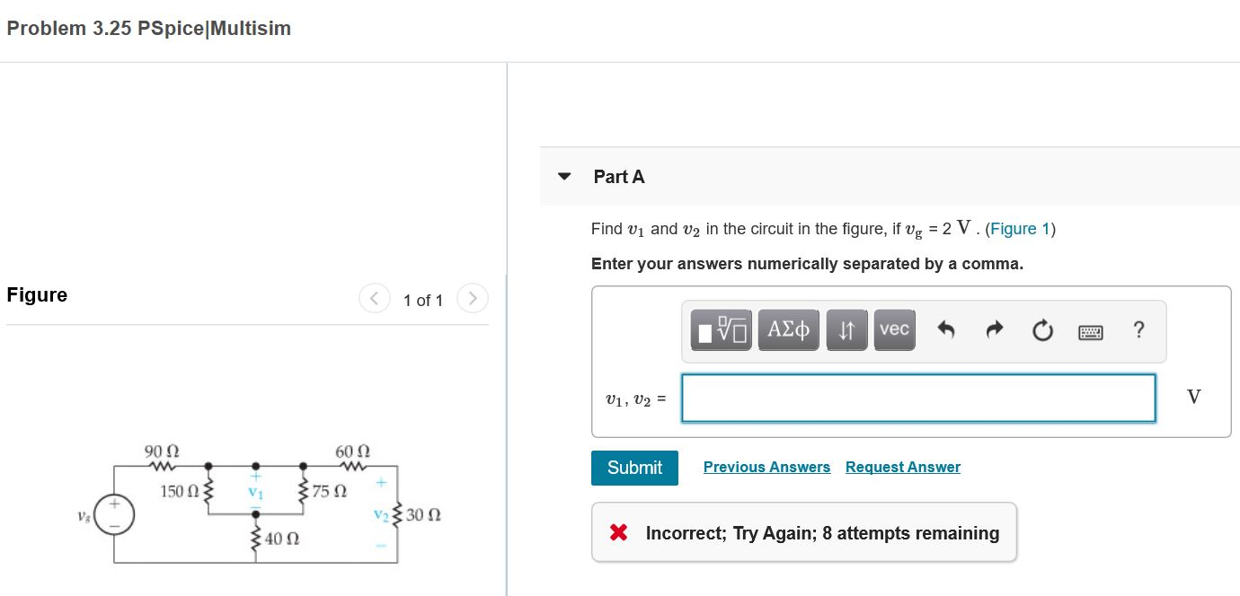 Solved Problem 3.25 PSpice Multisim Part A Find vi and U2 in | Chegg.com