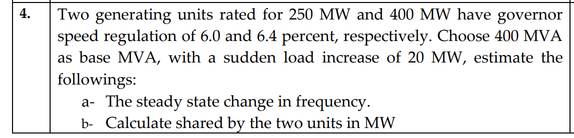 Solved 4. Two generating units rated for 250MW and 400MW | Chegg.com