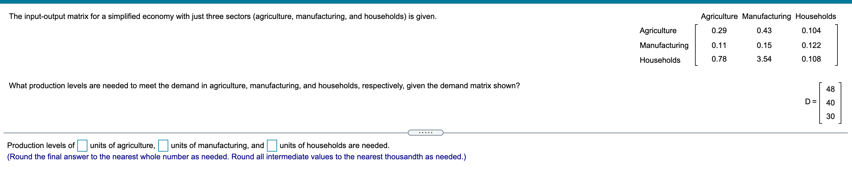 Solved The input-output matrix for a simplified economy with | Chegg.com