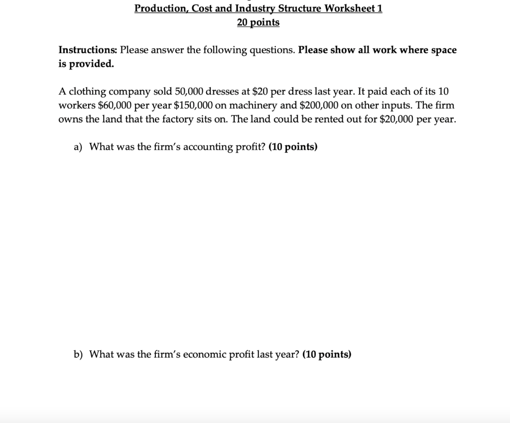 Solved Production, Cost and Industry Structure Worksheet 1 | Chegg.com