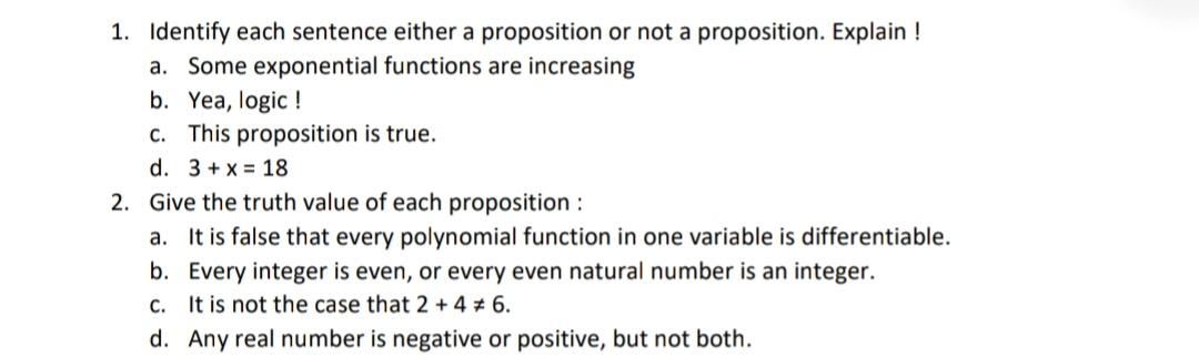 Solved 1. Identify each sentence either a proposition or not | Chegg.com