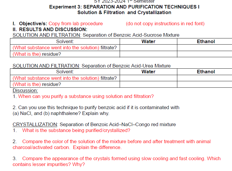 Solved Experiment 3: SEPARATION AND PURIFICATION TECHNIQUES | Chegg.com
