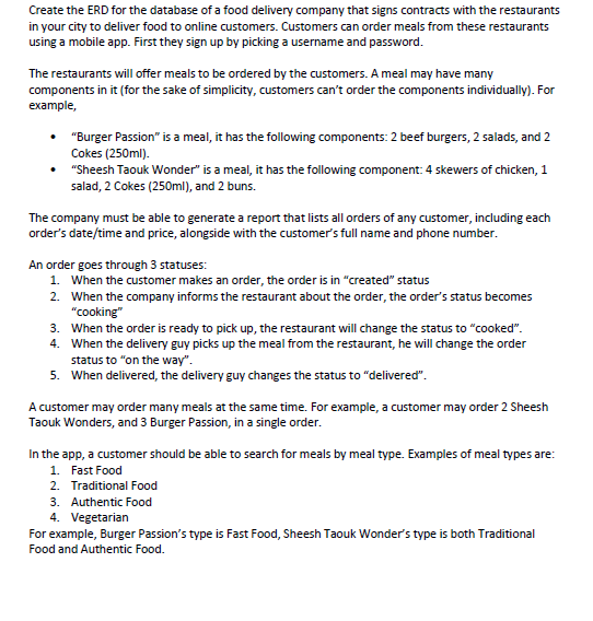 Solved Create the ERD for the database of a food delivery | Chegg.com