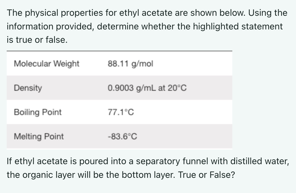 Solved The physical properties for ethyl acetate are shown | Chegg.com