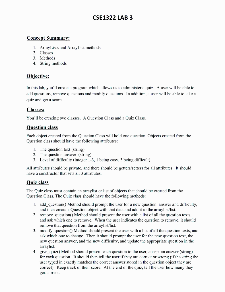 Solved CSE1322 LAB 3 Concept Summary: 1. ArrayLists and | Chegg.com