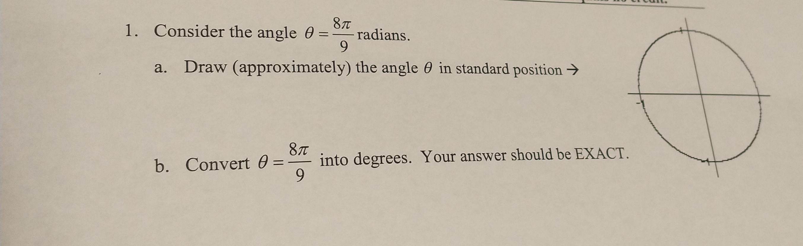 Solved 1. Consider the angle θ=98π radians. a. Draw | Chegg.com