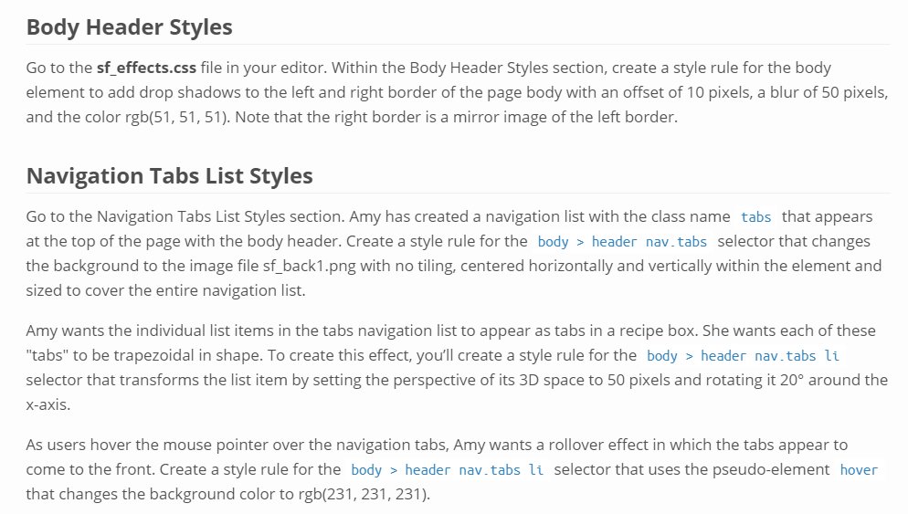 Solved Body Header Styles Go to the sf effects.css file in | Chegg.com