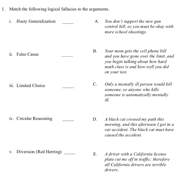 Solved 1. Match the following logical fallacies to the | Chegg.com