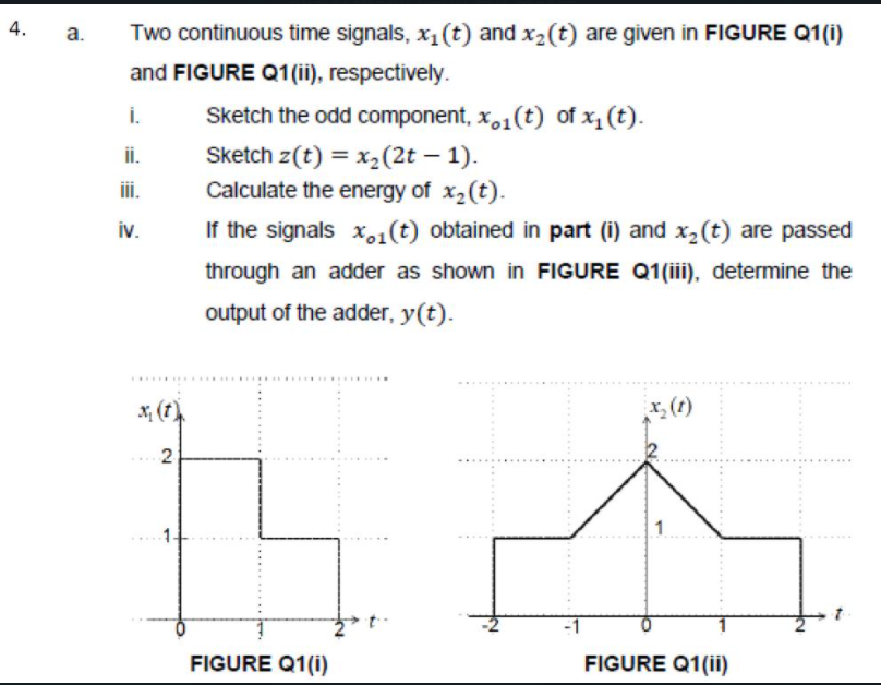 Solved 4. a. Two continuous time signals, xi(t) and xz(t) | Chegg.com