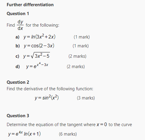 Solved Further differentiation Question 1 dy Find for the | Chegg.com