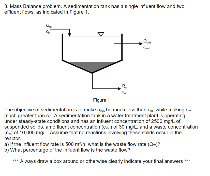 Solved 3. Mass Balance problem. A sedimentation tank has a | Chegg.com