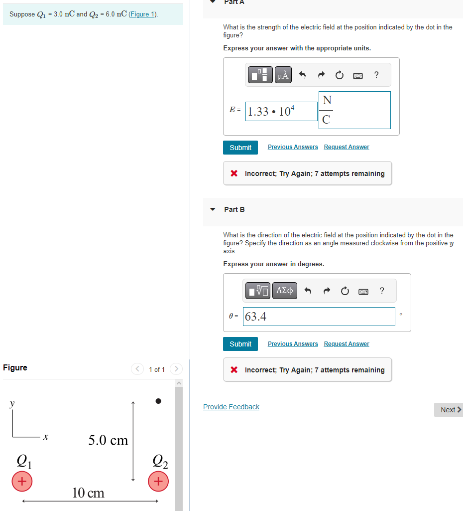 Solved Suppose Q1=3.0nC and Q2=6.0nC What is the strength of | Chegg.com